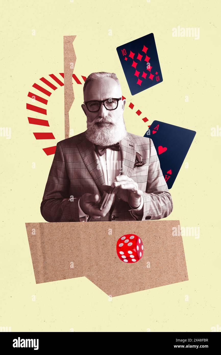 Vertical photo collage of serious old man wear stylish suit gambling ...