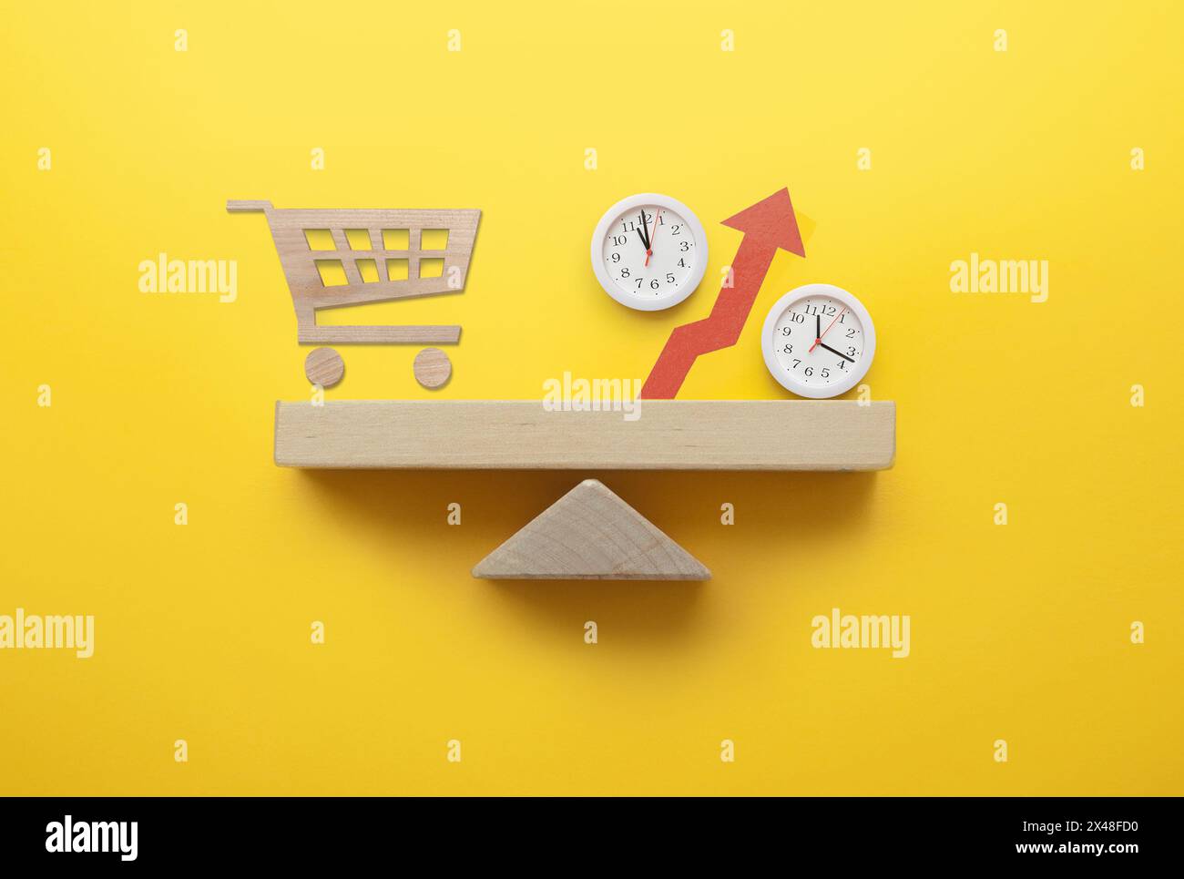 Wooden supermarket trolley cart and percentage sign with clock faces ...