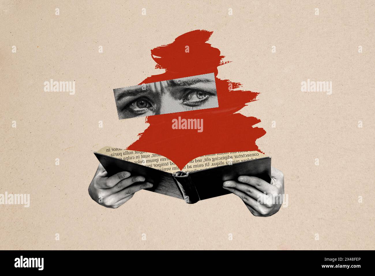 Composite photo collage of upset headless female eyes hold book red ...