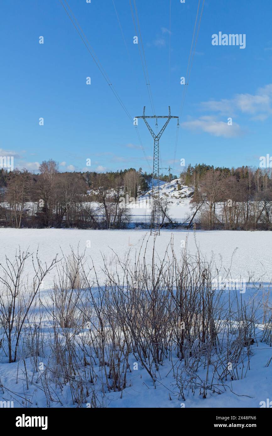 High-voltage power lines in sunny winter weather with snow on the ...