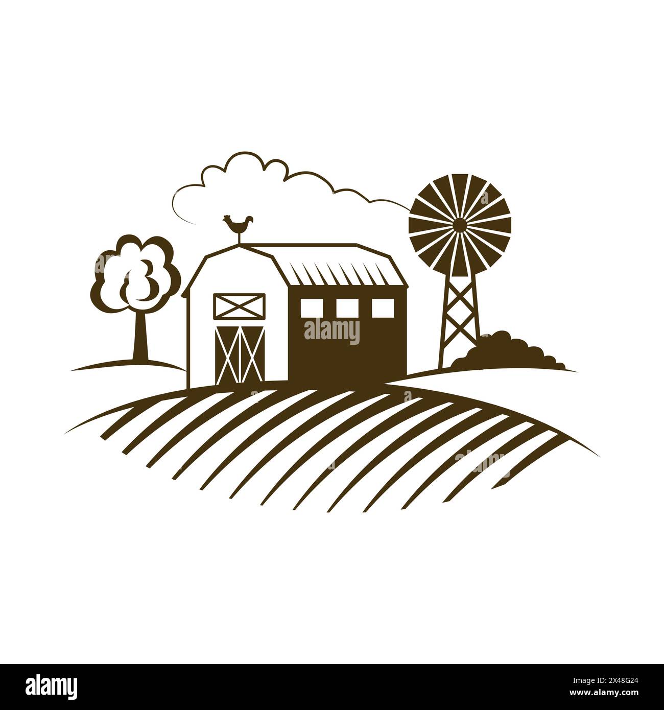 Farm landscape with house on arable land, vintage farmland scene vector ...