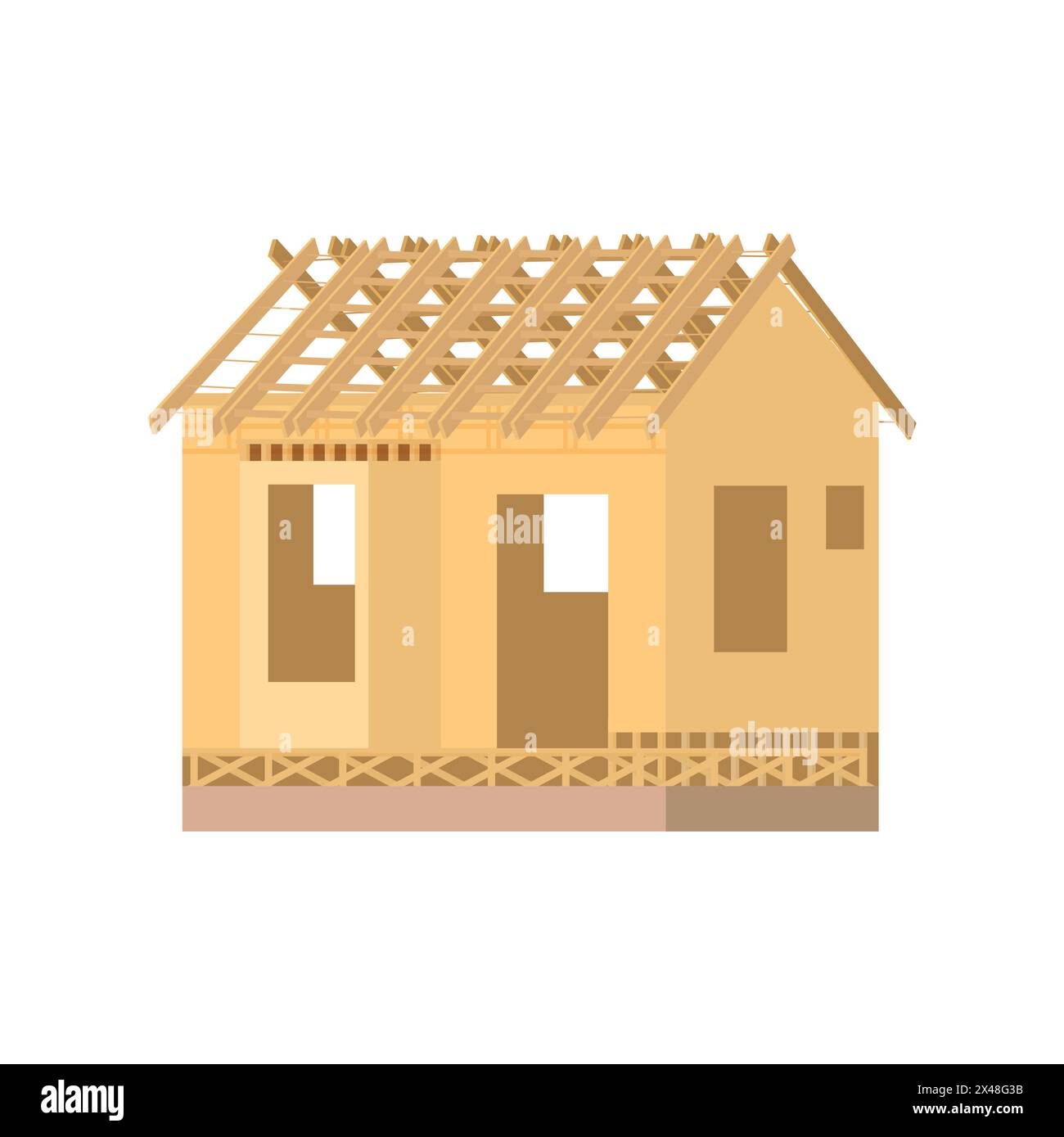 Unfinished house with foundation and wall, roof with wooden rafters ...