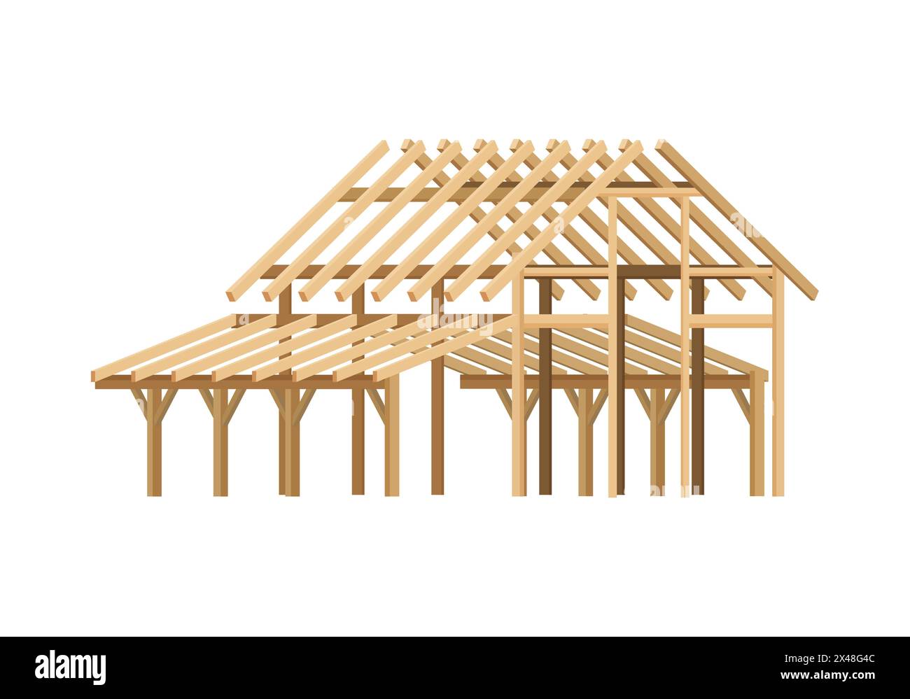 Wooden roof and wall frames of unfinished house on construction site ...