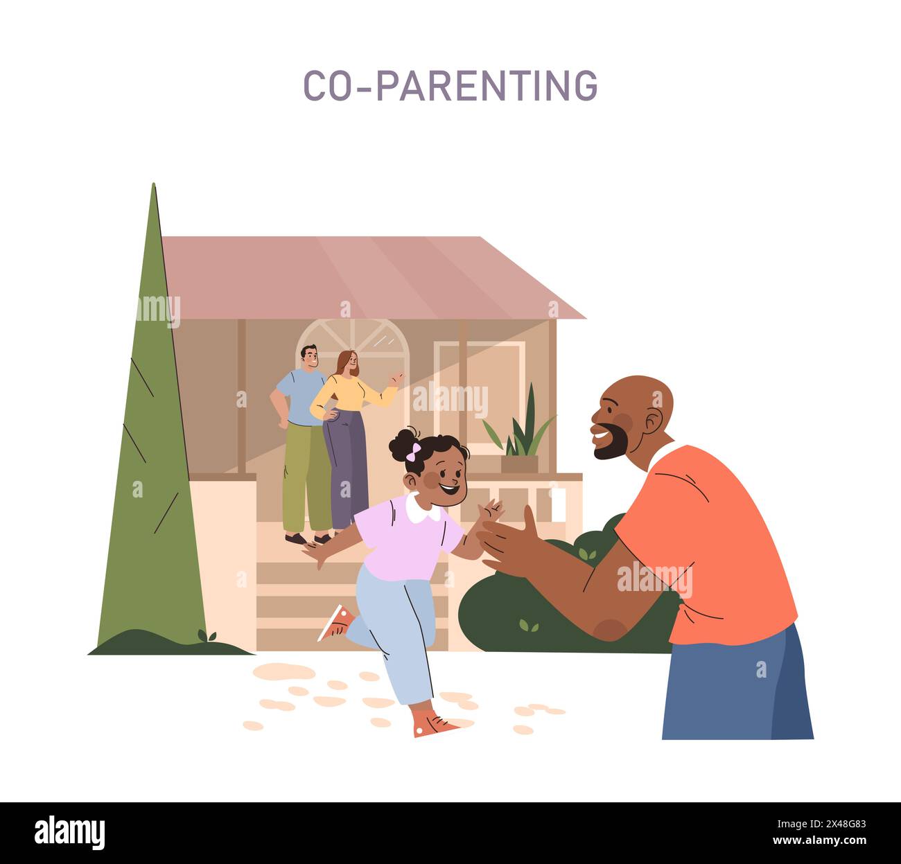 Modern Families concept. Joyful co-parenting exchange outside a ...