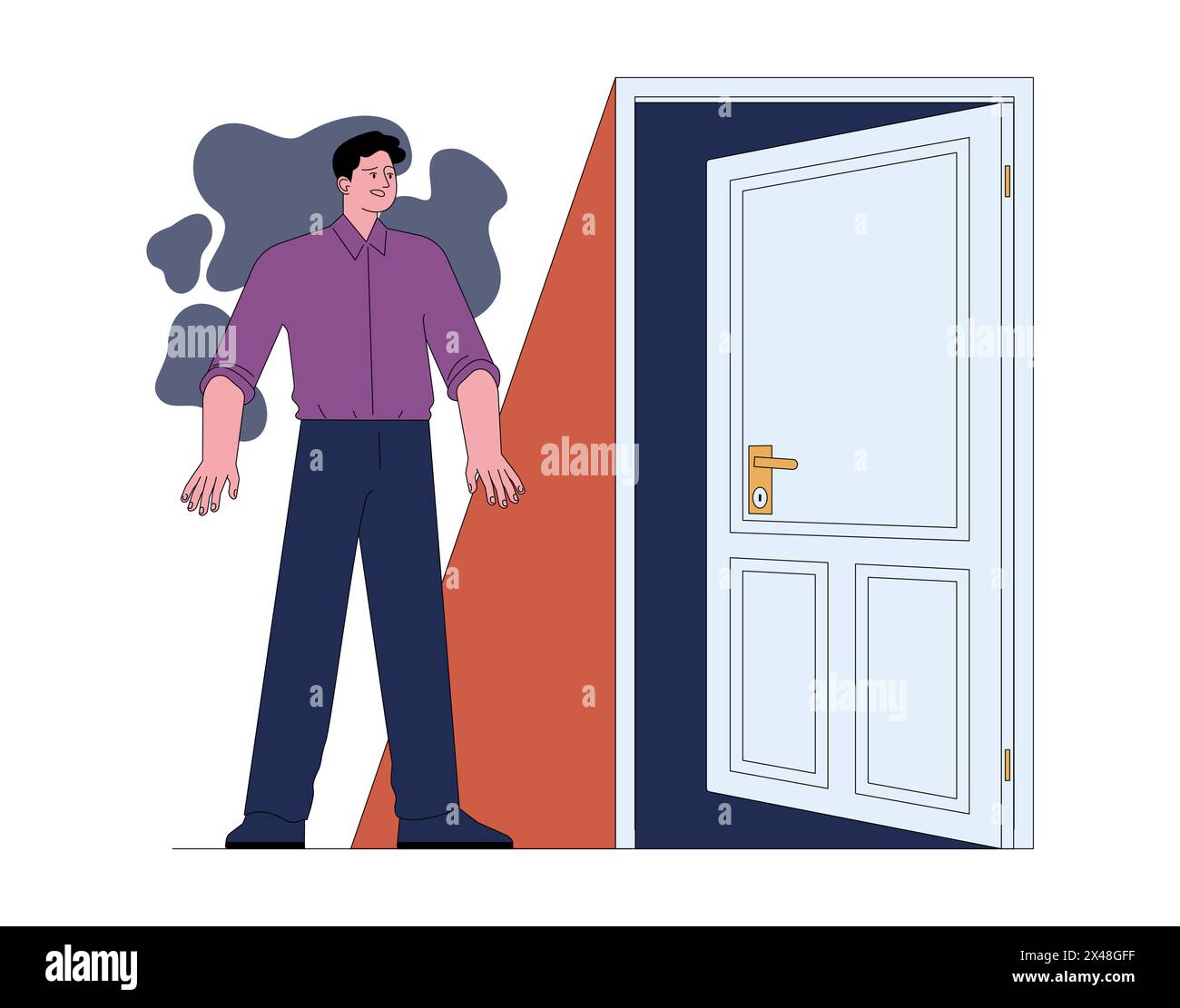 Fear of unknown. Terrified man standing by half open secret door ...