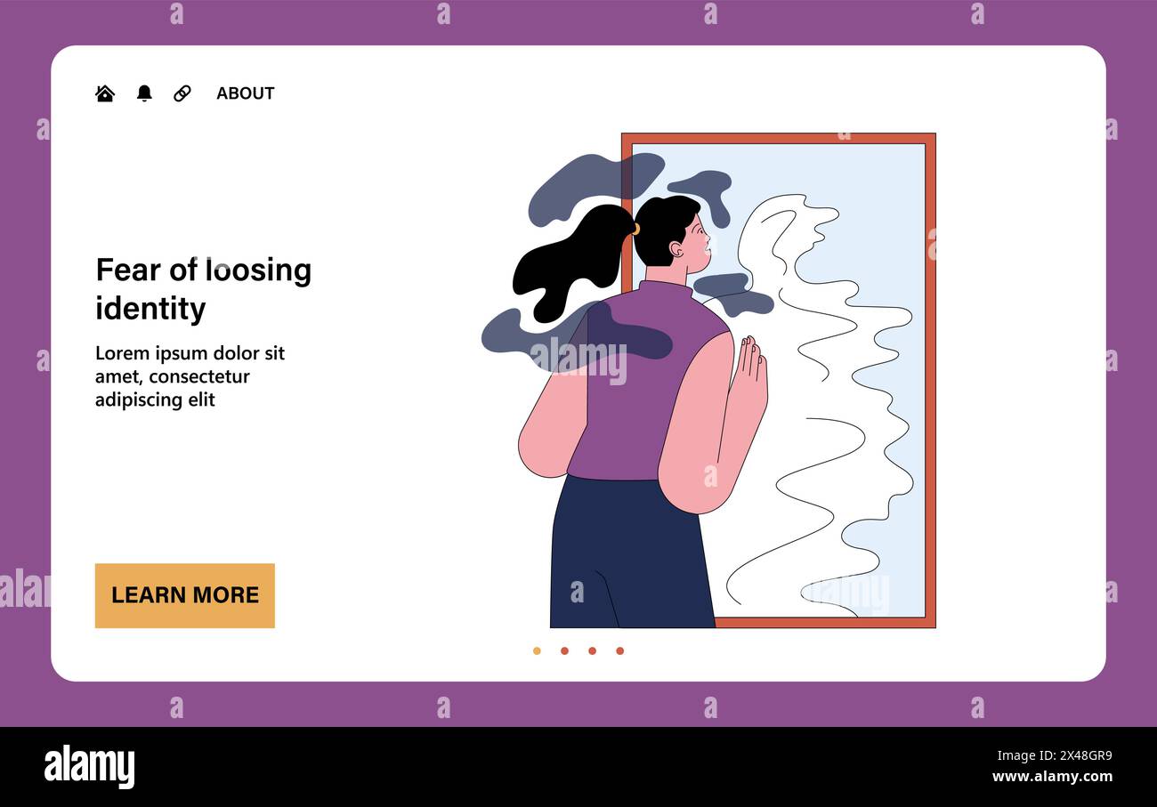 Fear of loosing identity web or landing. Terrified young woman looking ...