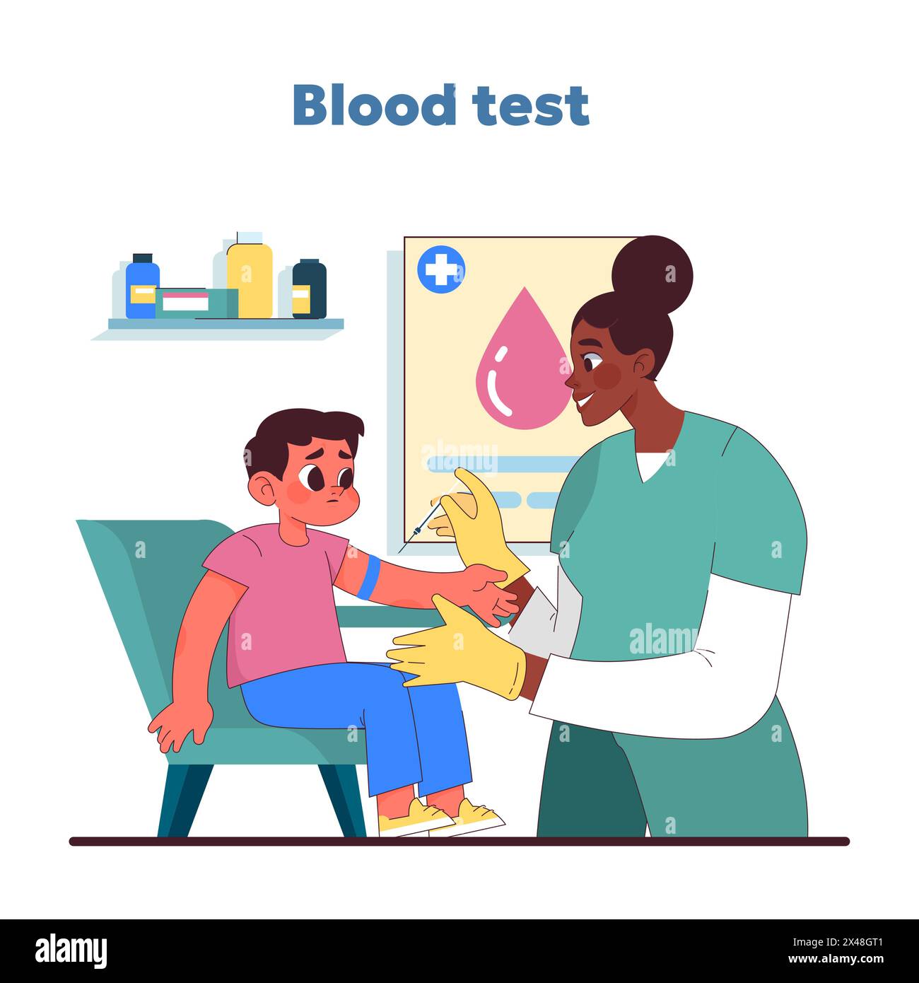 Compassionate care during blood test. Nurse gently prepares young boy ...