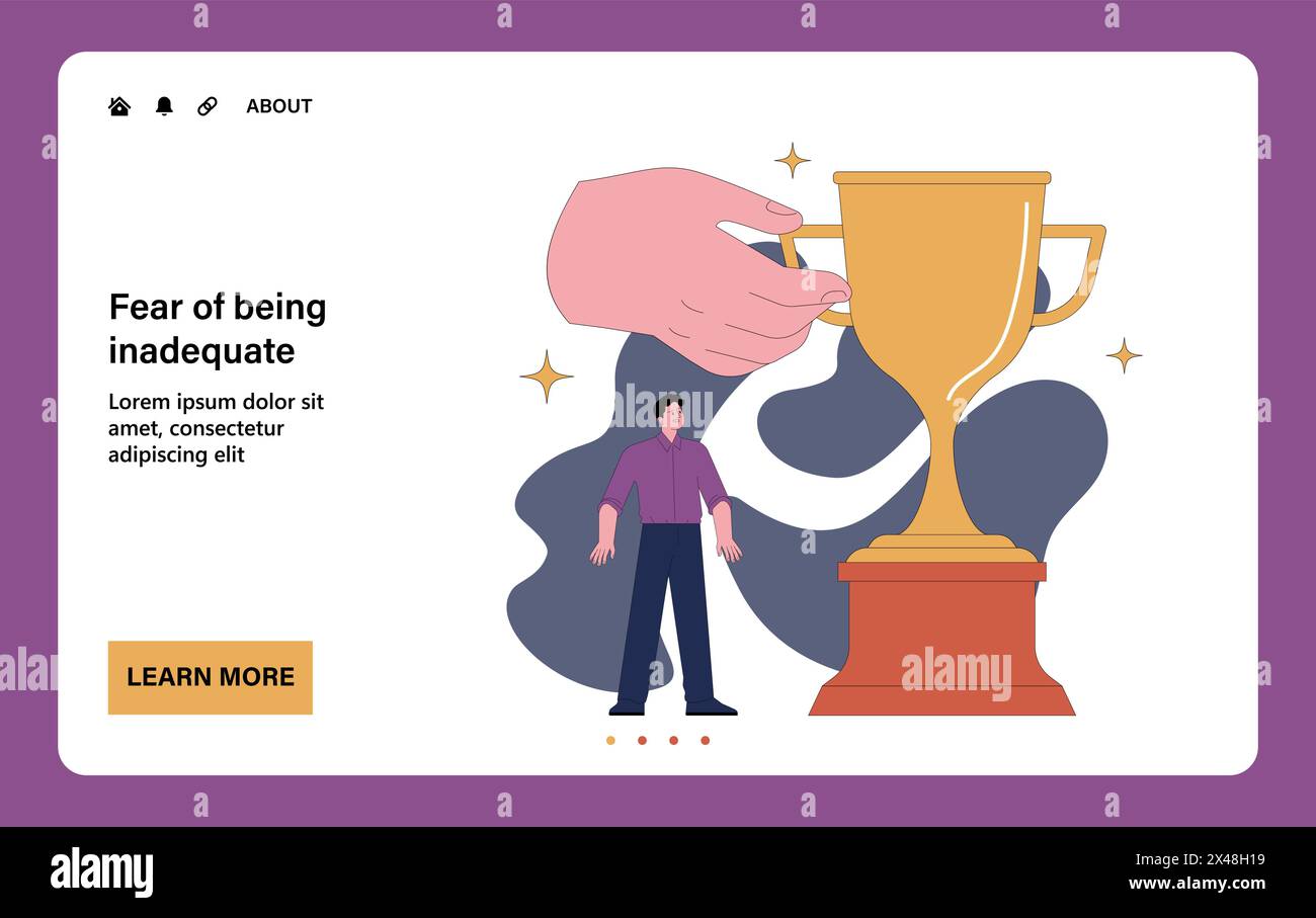 Fear of inadequacy. Man standing right behind a large undeserved trophy ...