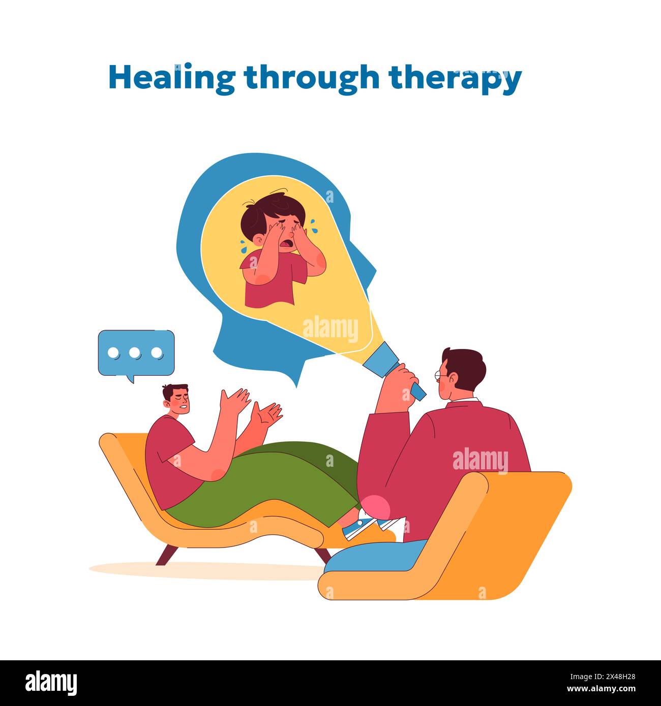 Therapy dialogue concept. Individual engages in psychotherapy, addressing childhood fears, shown ...