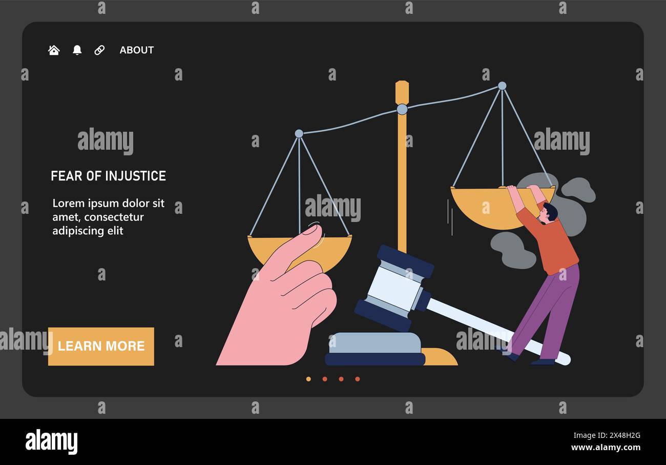 Fear of injustice web or landing dark or night mode. Character ...