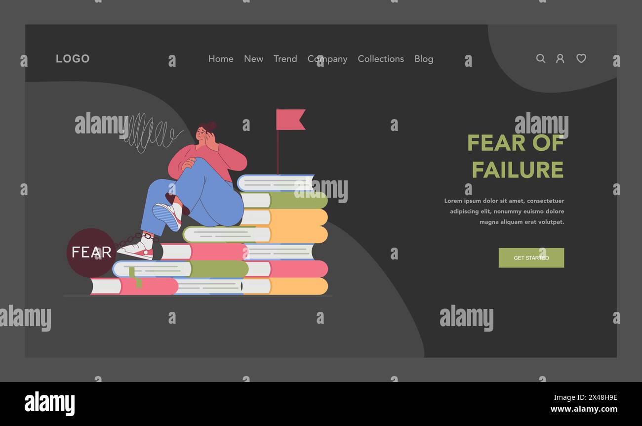 Educational stress web or landing. Disheartened student on stack of ...