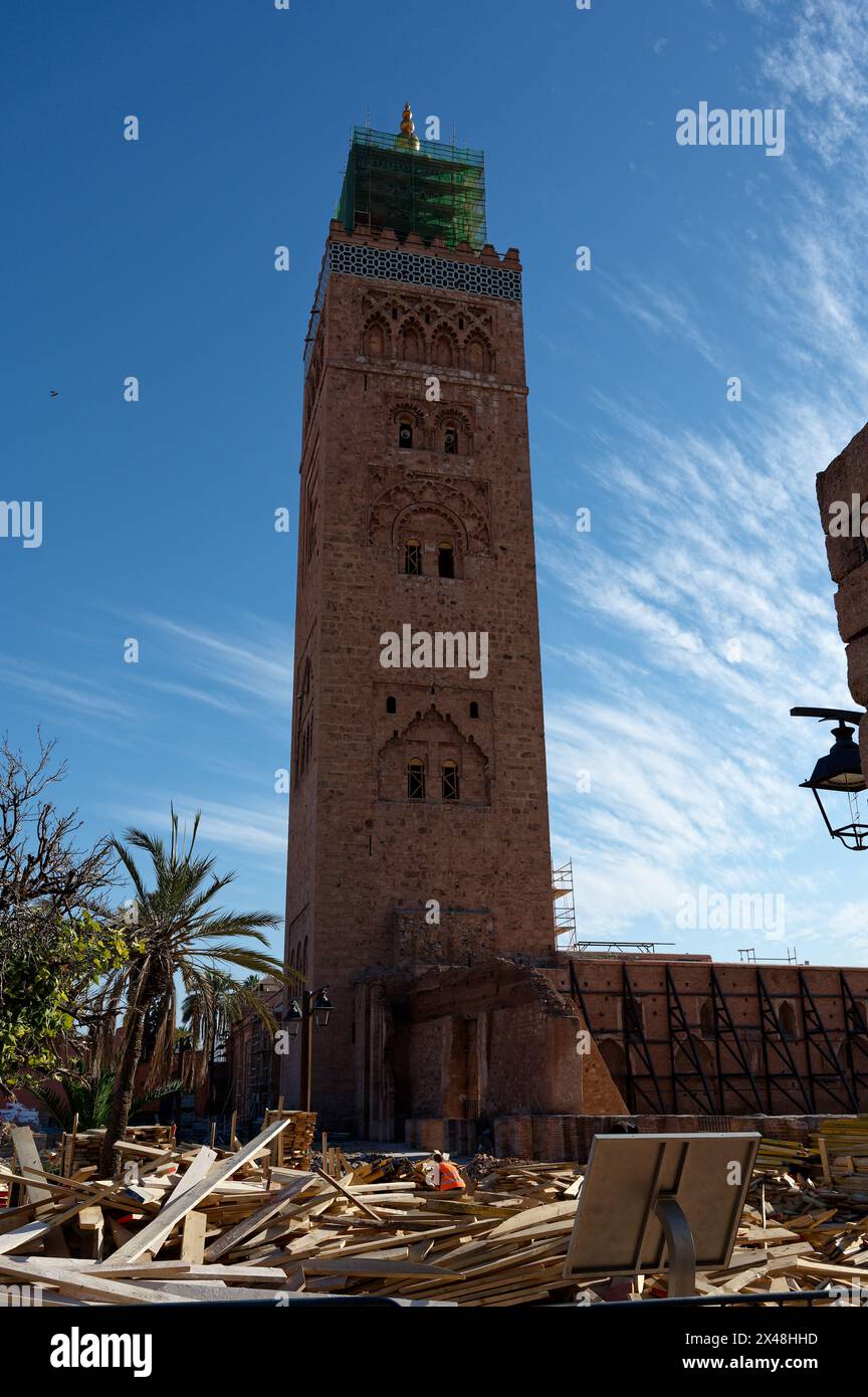 The towering Koutoubia mosque, its dome under restoration after a past ...