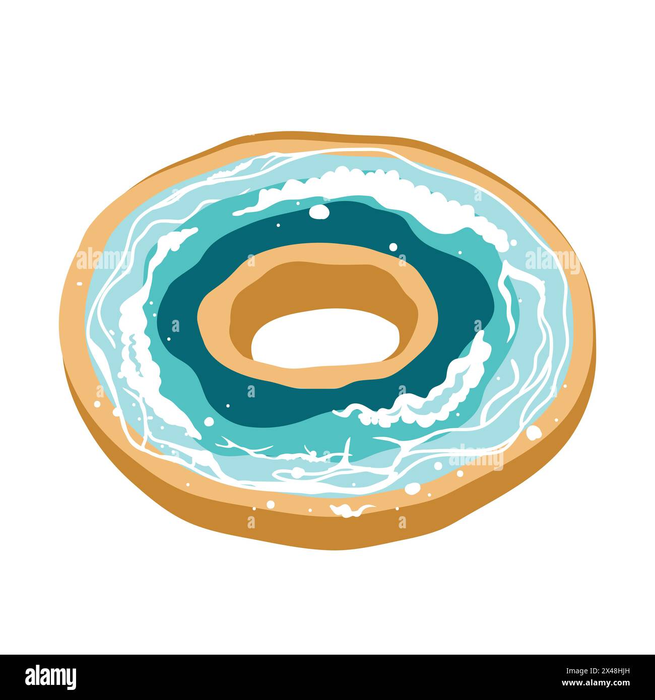 Cute Donut painted with ocean waves. Baked donut decorated with sea ...