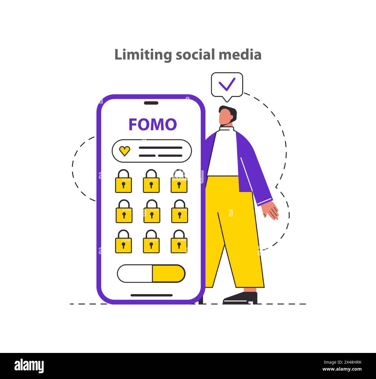 Overcoming FOMO concept. A person stands confidently beside a giant ...