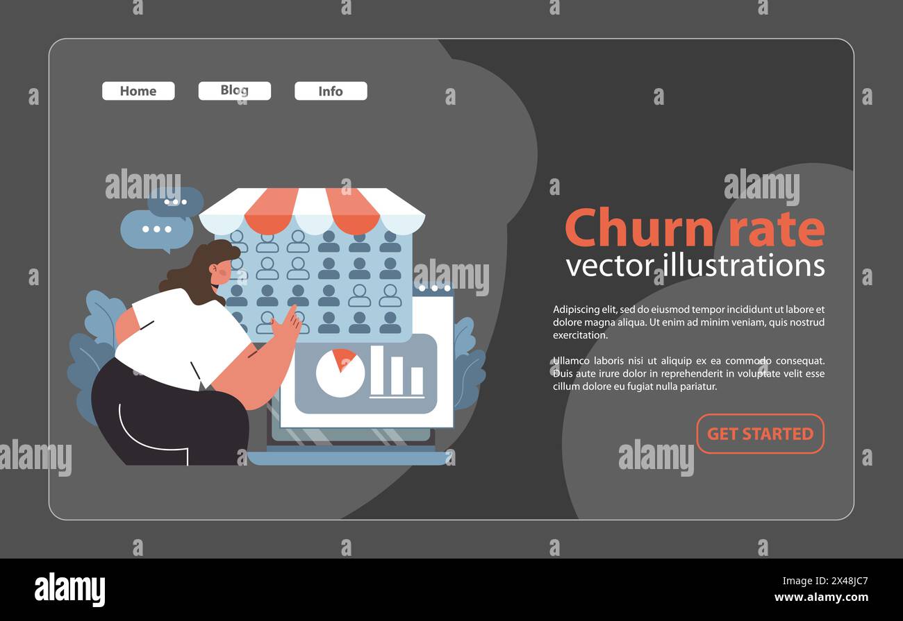 Churn rate analytics concept. Woman studying customer retention metrics ...