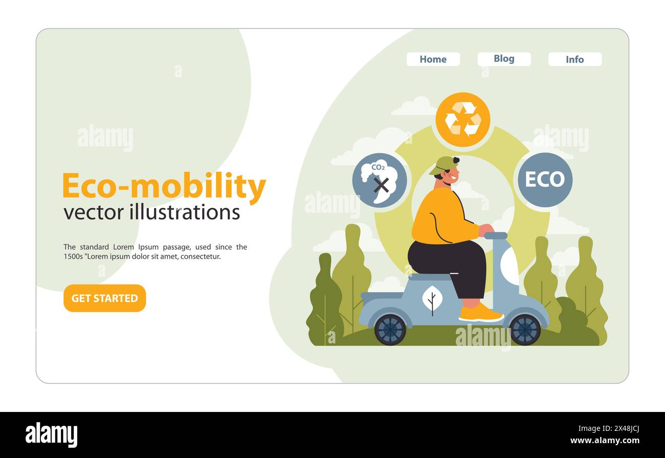 Eco-mobility concept. Man riding a sustainable scooter amid green surroundings, promoting low ...
