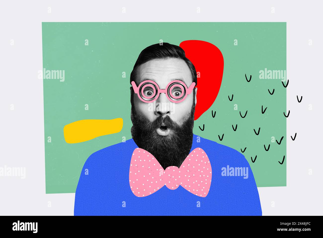 Creative picture collage young astonished amazed shocked man painted ...