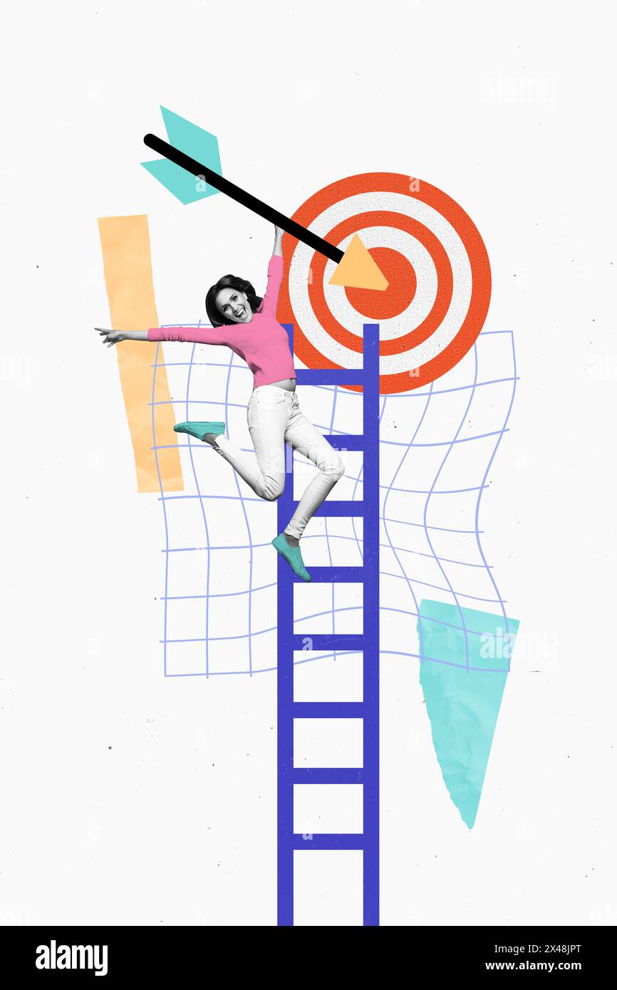 Vertical image picture young cheerful happy woman achieve goal target ...