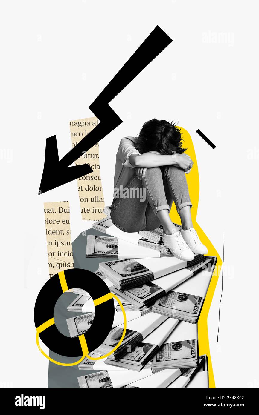 Vertical image picture depressed young girl sitting crying apathy money ...