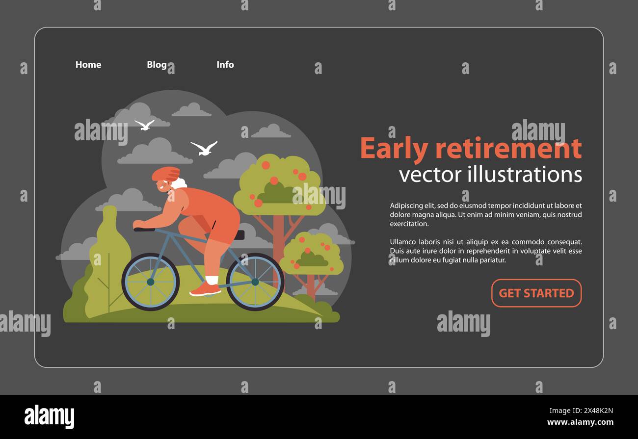 Joyful senior on a bicycle enjoys the scenic beauty of nature ...