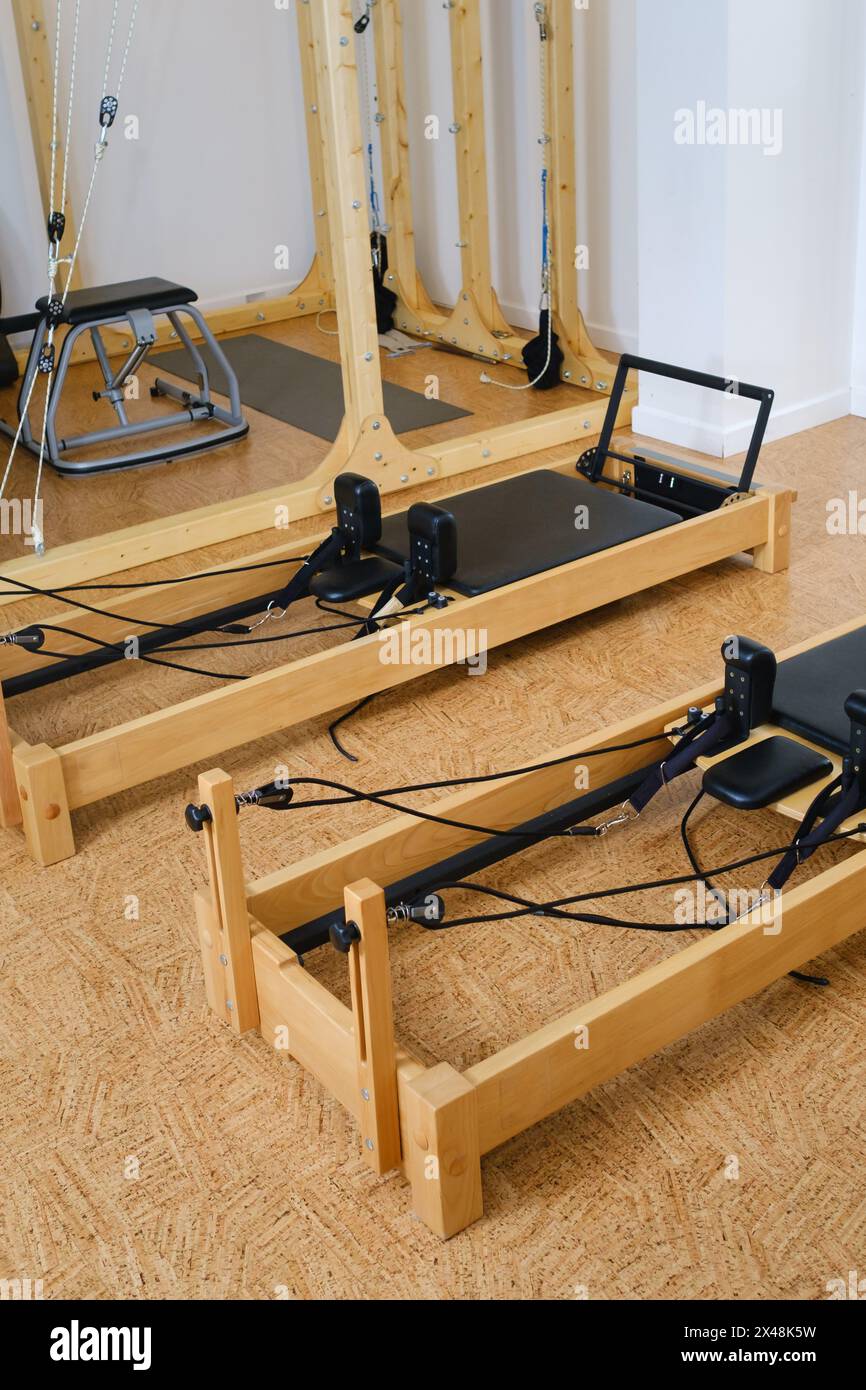 the reformer machine in the pilates room. Yoga equipment Stock Photo ...