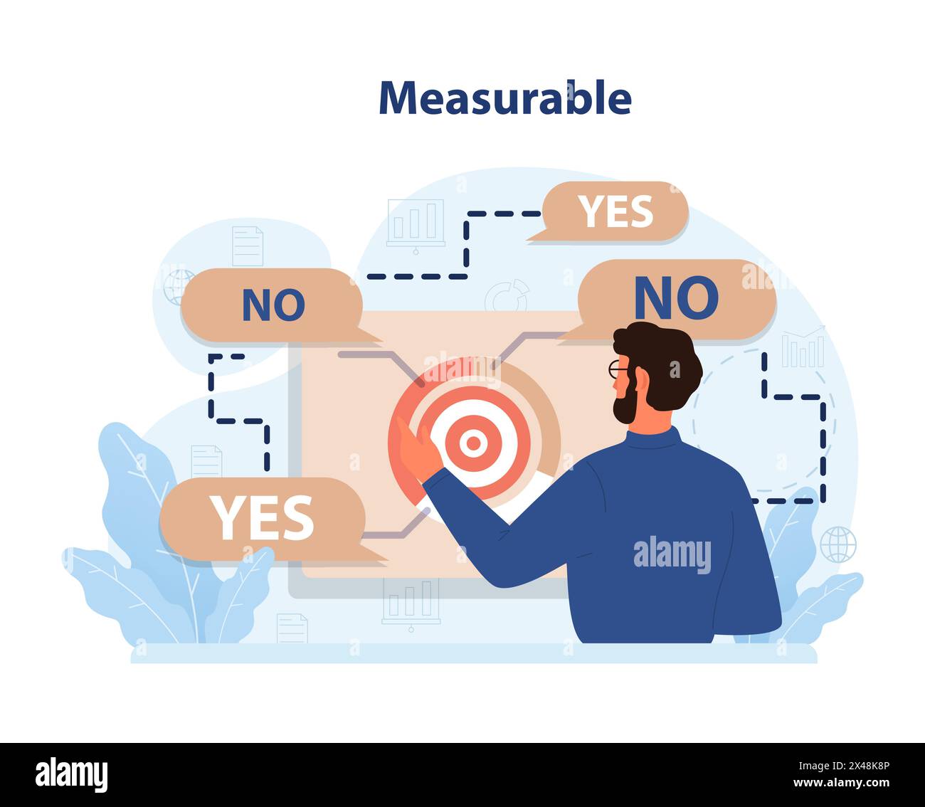 Measurable Outcomes Visualized Man Assessing Task Results With Clear