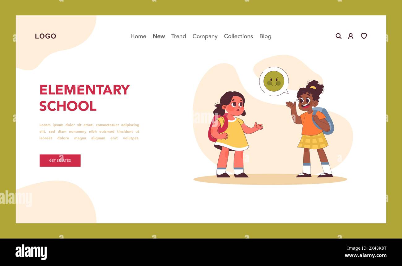 Elementary school concept. Two young diverse students chatting with joy ...