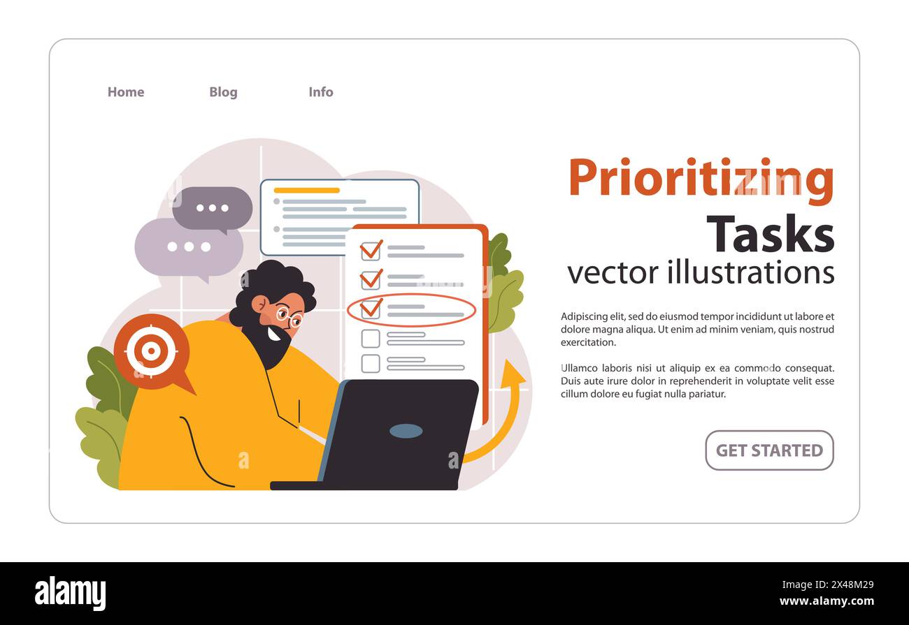 Prioritizing tasks concept. Focused man at laptop, highlighting important items on a checklist ...