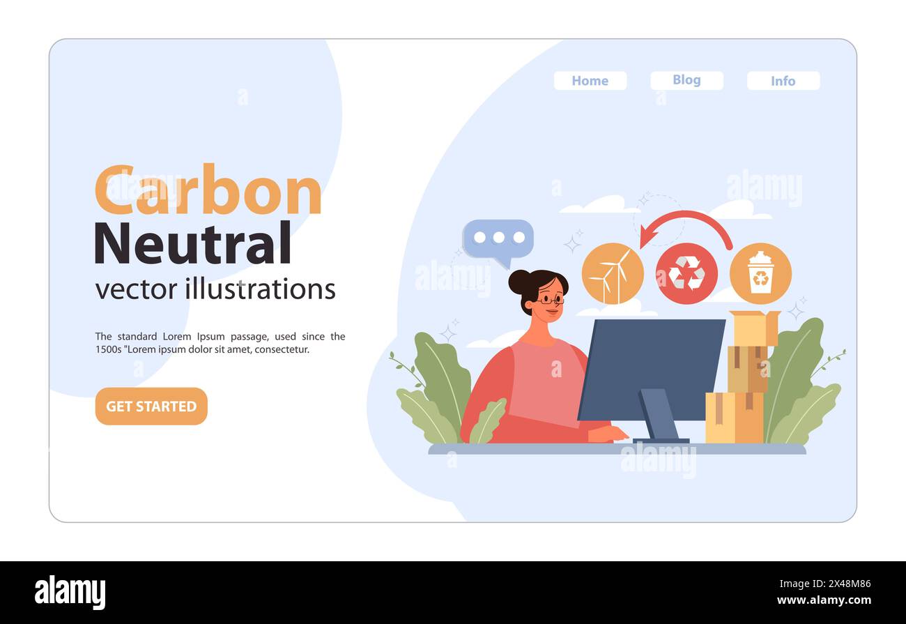 Carbon Neutral concept. Woman at desk with eco symbols indicating wind ...