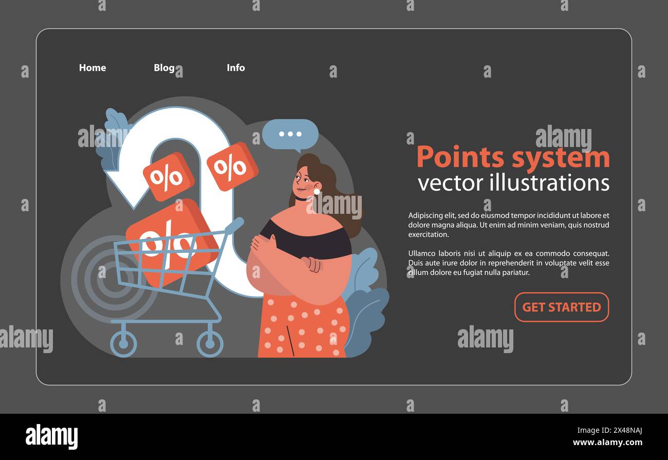 Points system concept. Confident woman with shopping cart filled with discount tags. Navigating ...