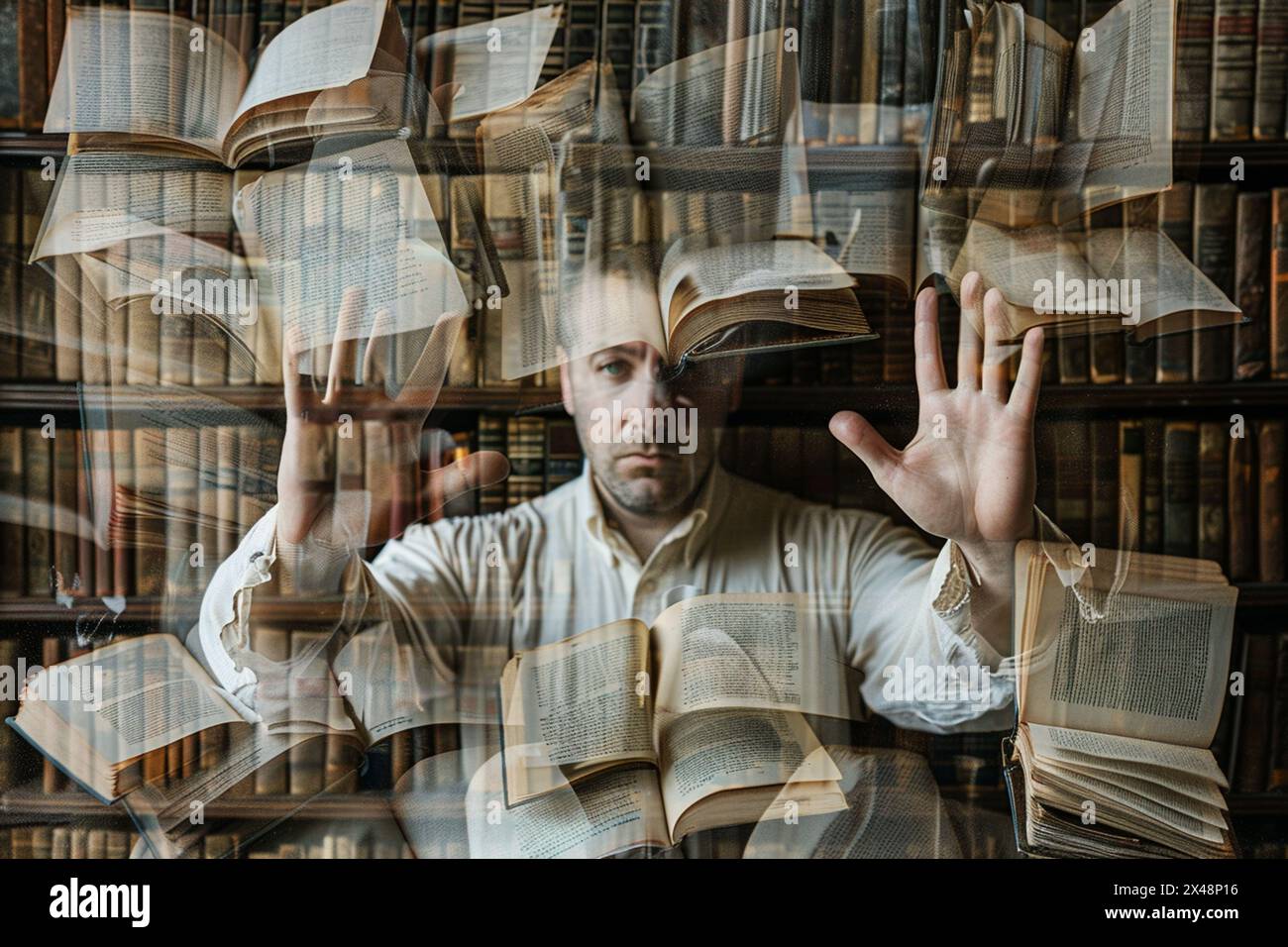 A man in the library shows his palms and a lot of books Stock Photo - Alamy