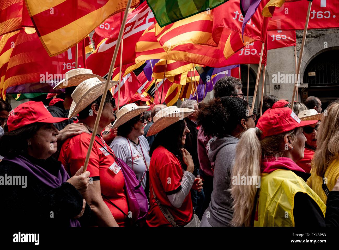 1st May, 2024, Barcelona, Spain: Workers march during May Day rally in ...