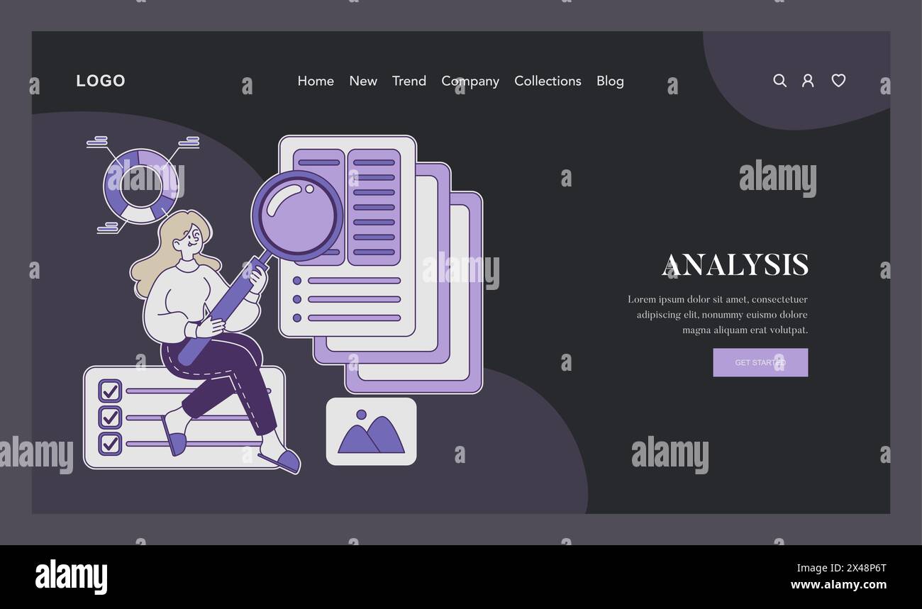 Analysis concept. A focused woman examines data with a magnifying glass, symbolizing detailed ...