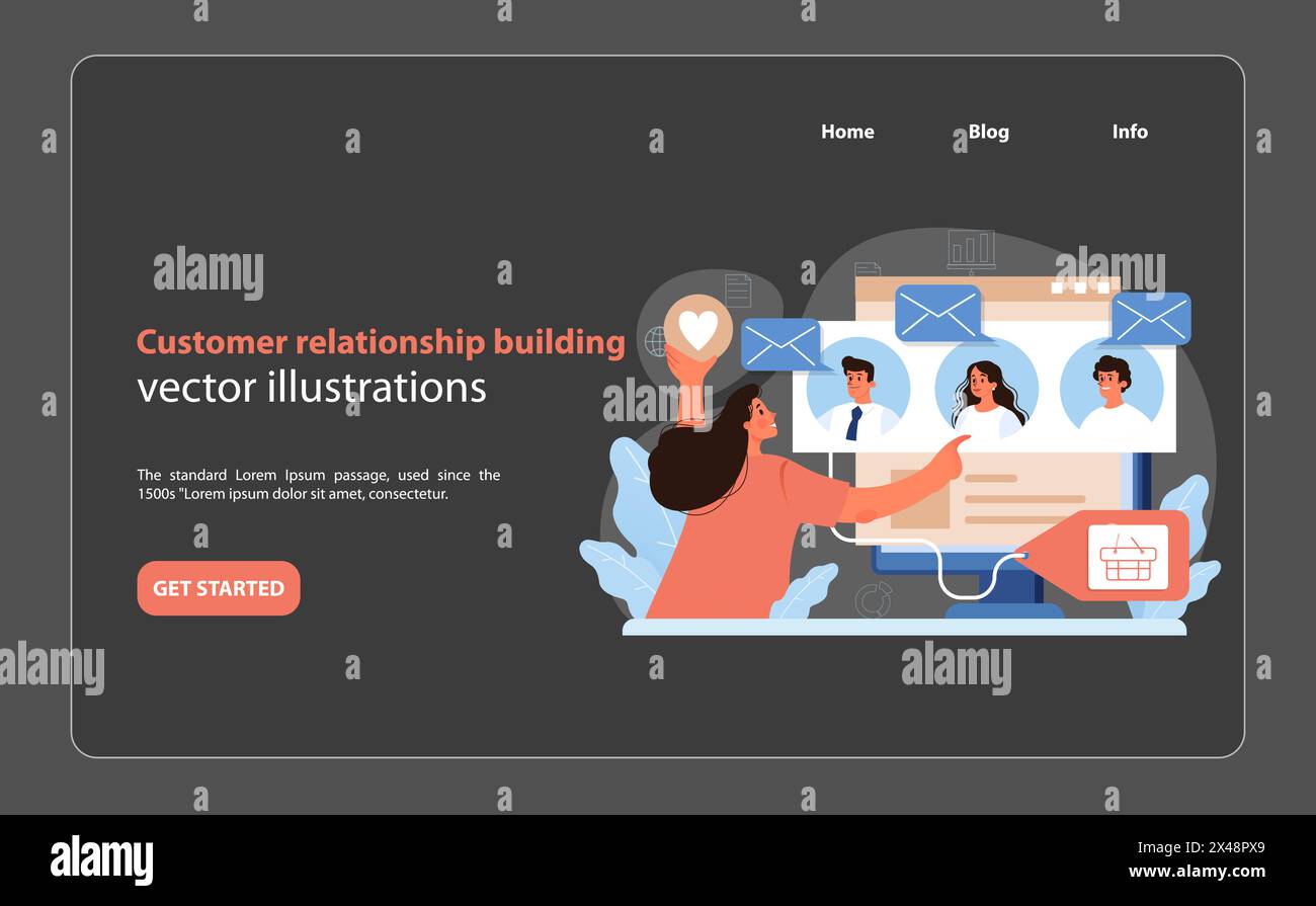 Customer Relationship Building Illustration. A marketer connects with clients using digital ...