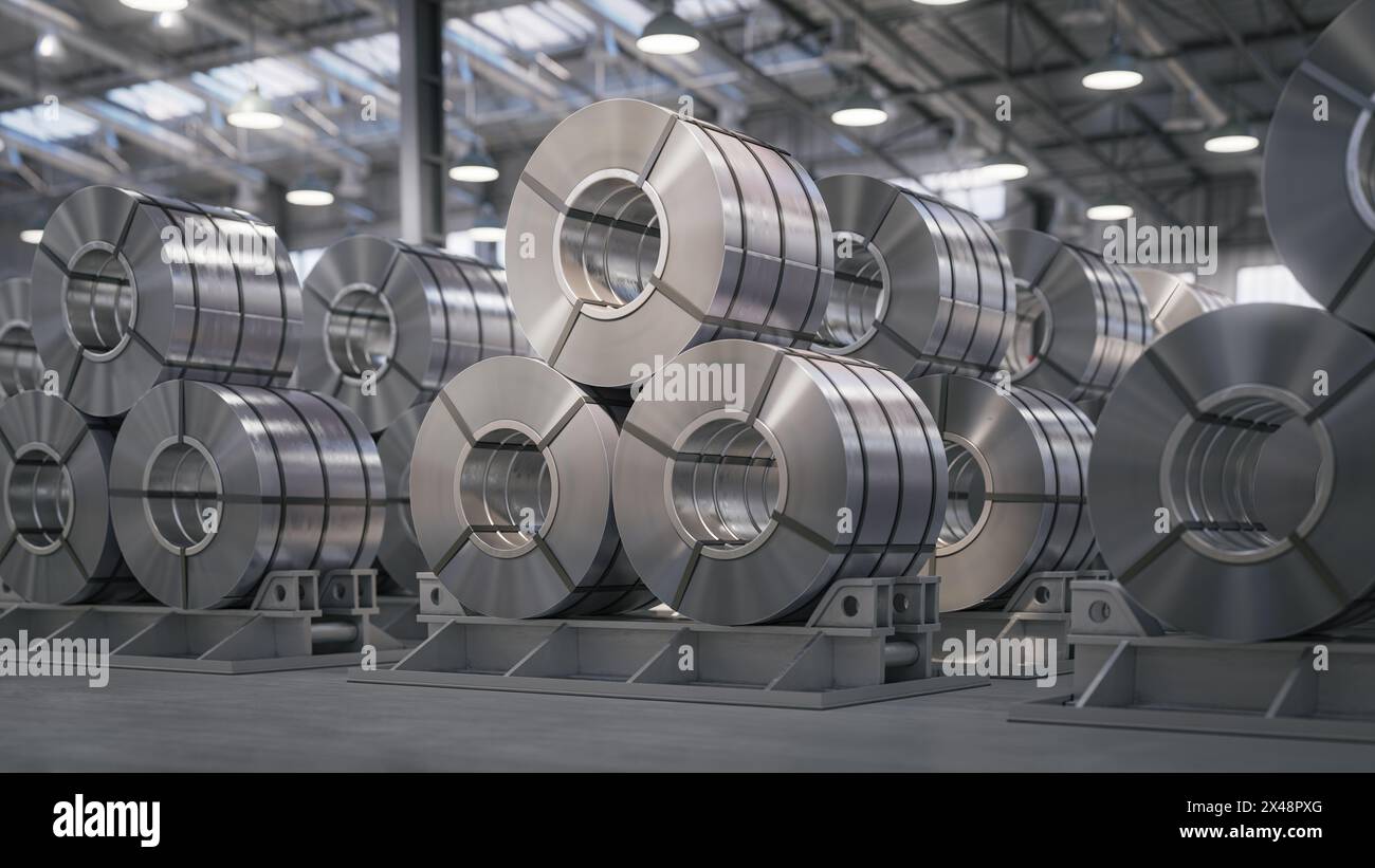 Rolls of metal sheet. Zinc, aluminium or steel sheet rolls on warehouse ...