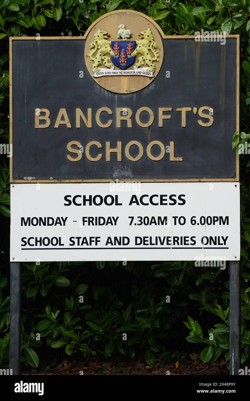 A sign at Bancroft's, independent school in Woodford Green, east London ...