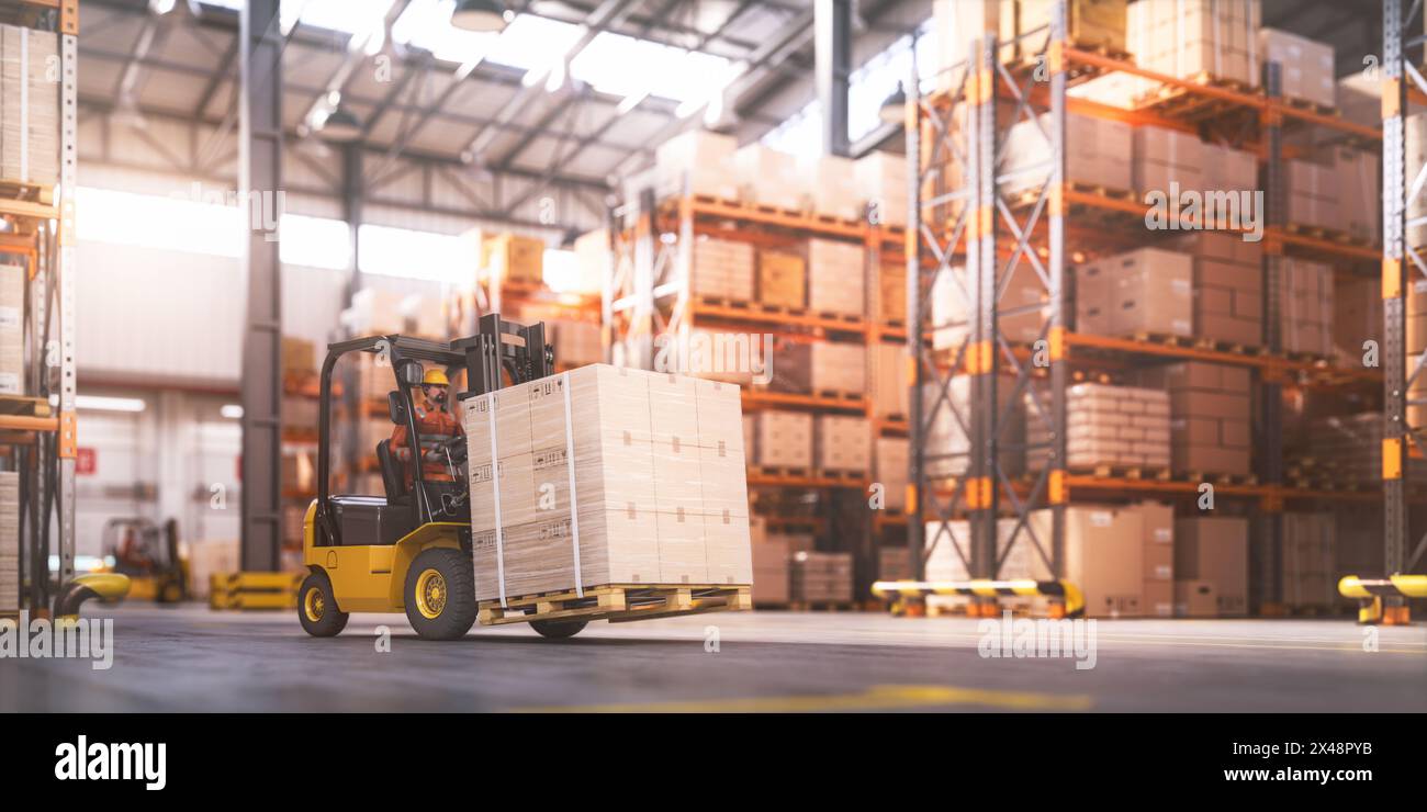 Retail warehouse full of shelves with cardboard boxes and packages ...