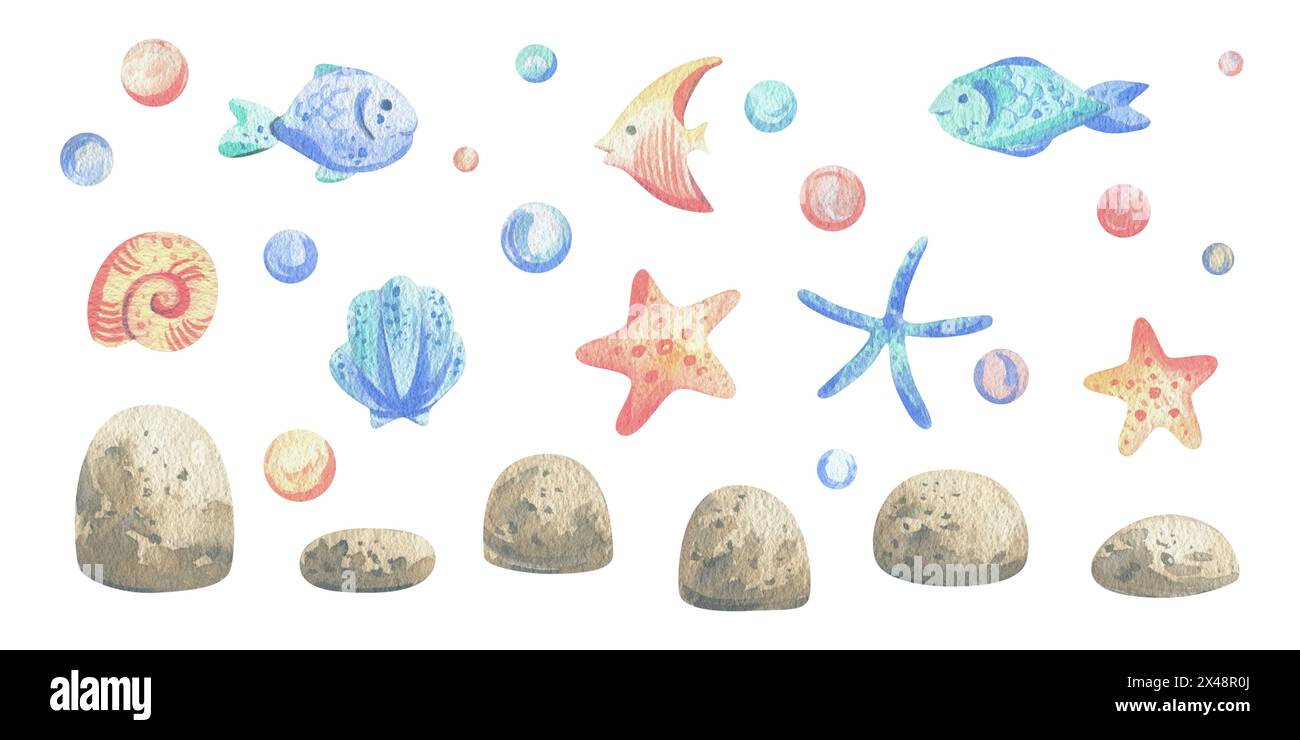 Fish, starfish, seashell, bubbles, pebbles. Watercolor illustration ...