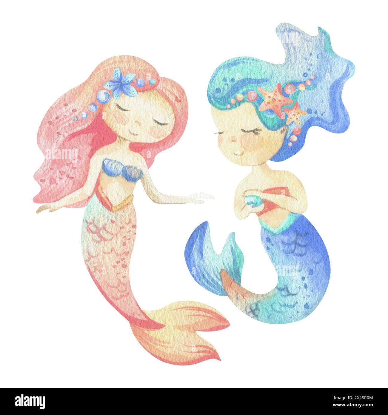 Mermaids is a little girls with long hair and a tail. Watercolor ...