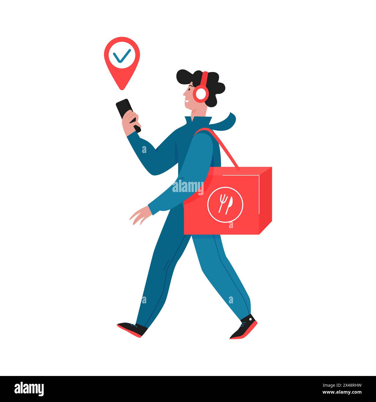 Food delivery, courier in headphones walking with parcel, boy holding ...