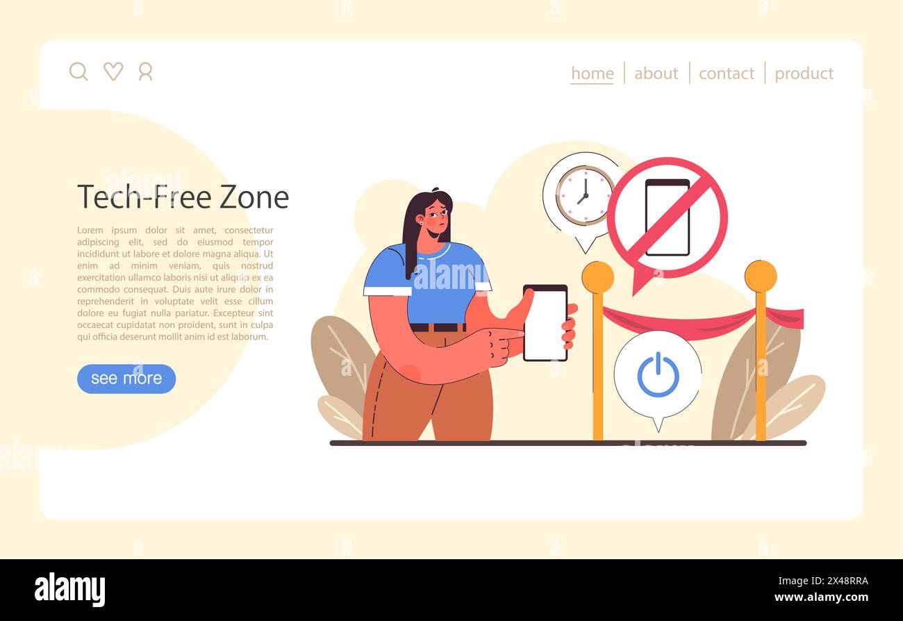 Digital detox web or landing set. Characters practicing mindfulness ...