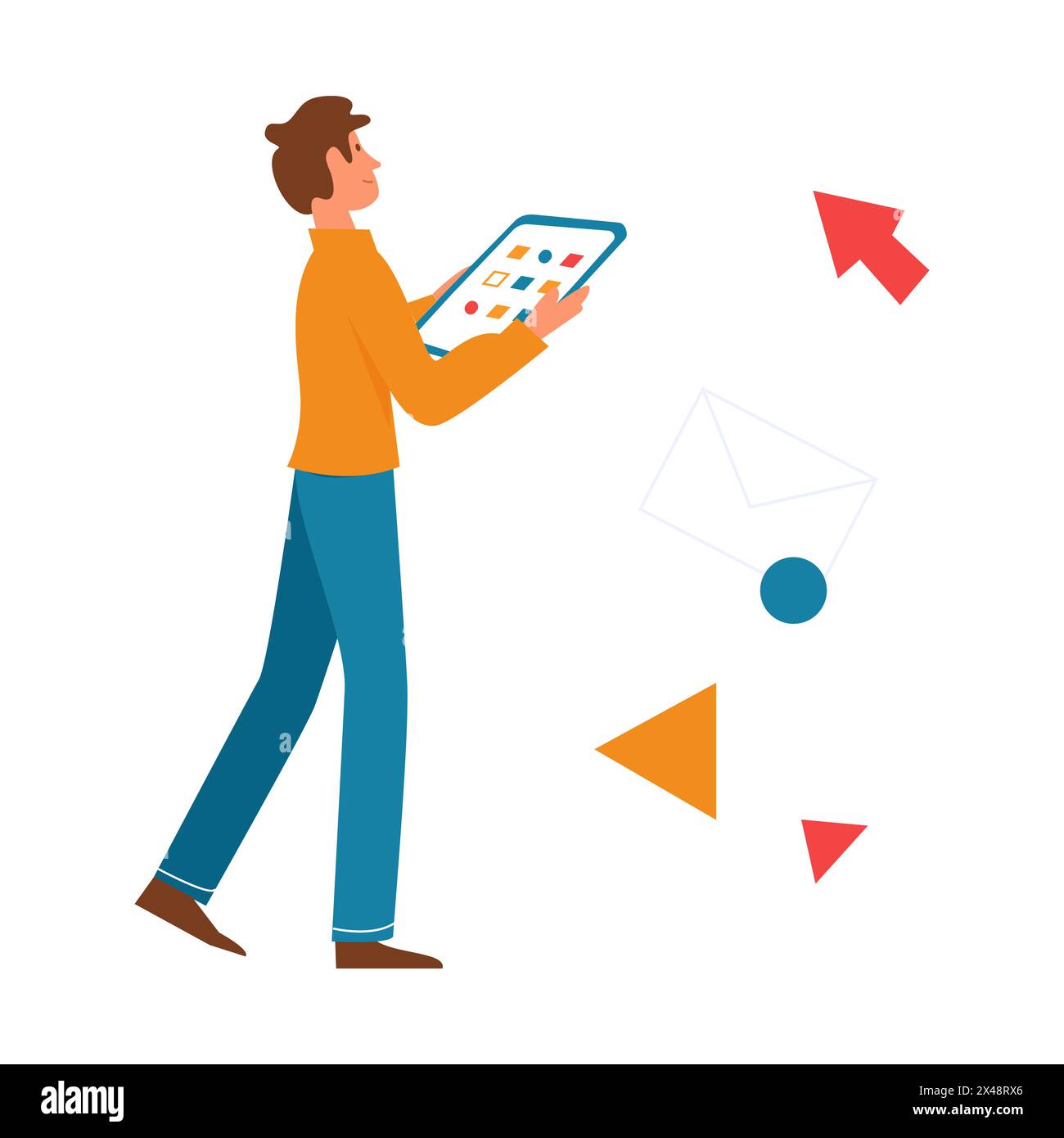 User using tablet, geometric shapes and email, arrows on screen vector ...
