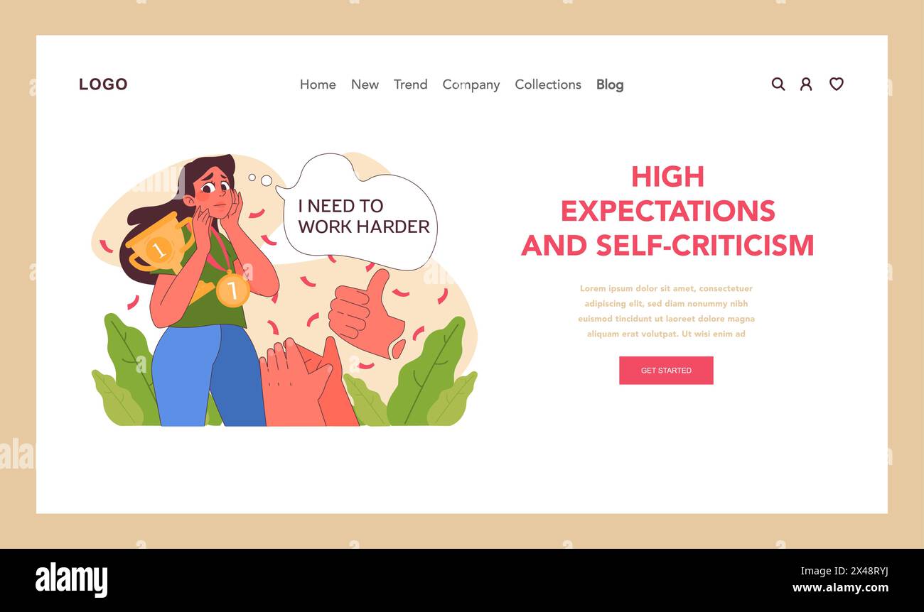 High expectations and self-criticism concept. Woman with medal and ...