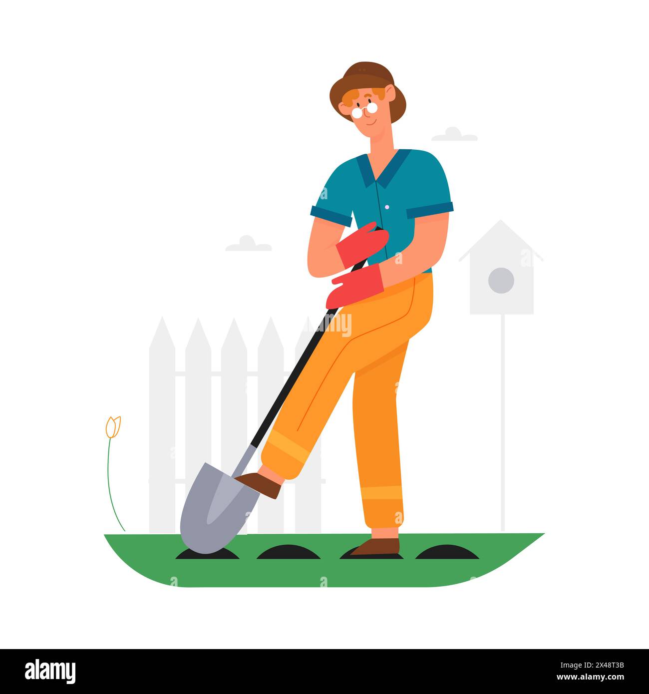 Man holding shovel to dig soil in garden, agriculture worker gardening ...