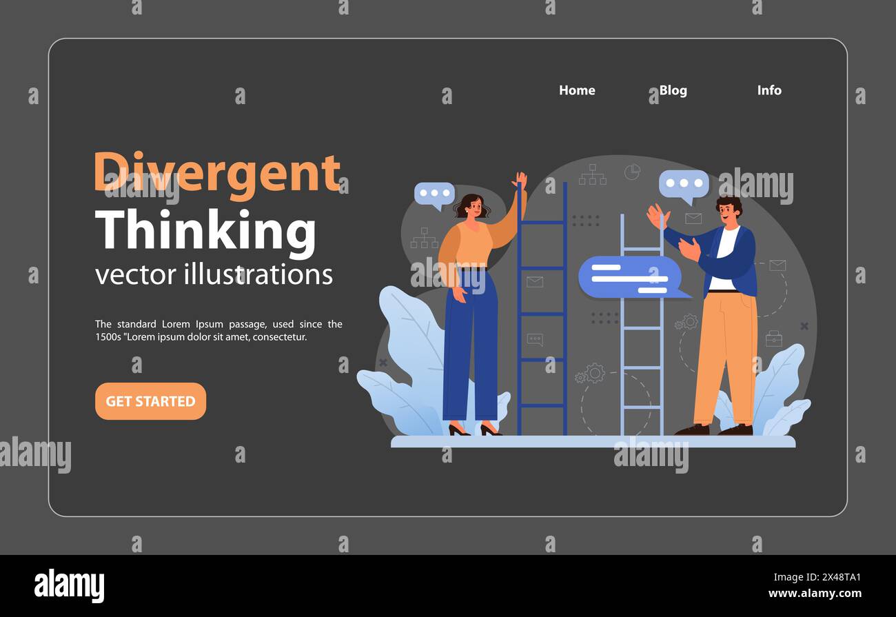 Divergent thinking concept. Duo collaborates on task, arranging digital ...