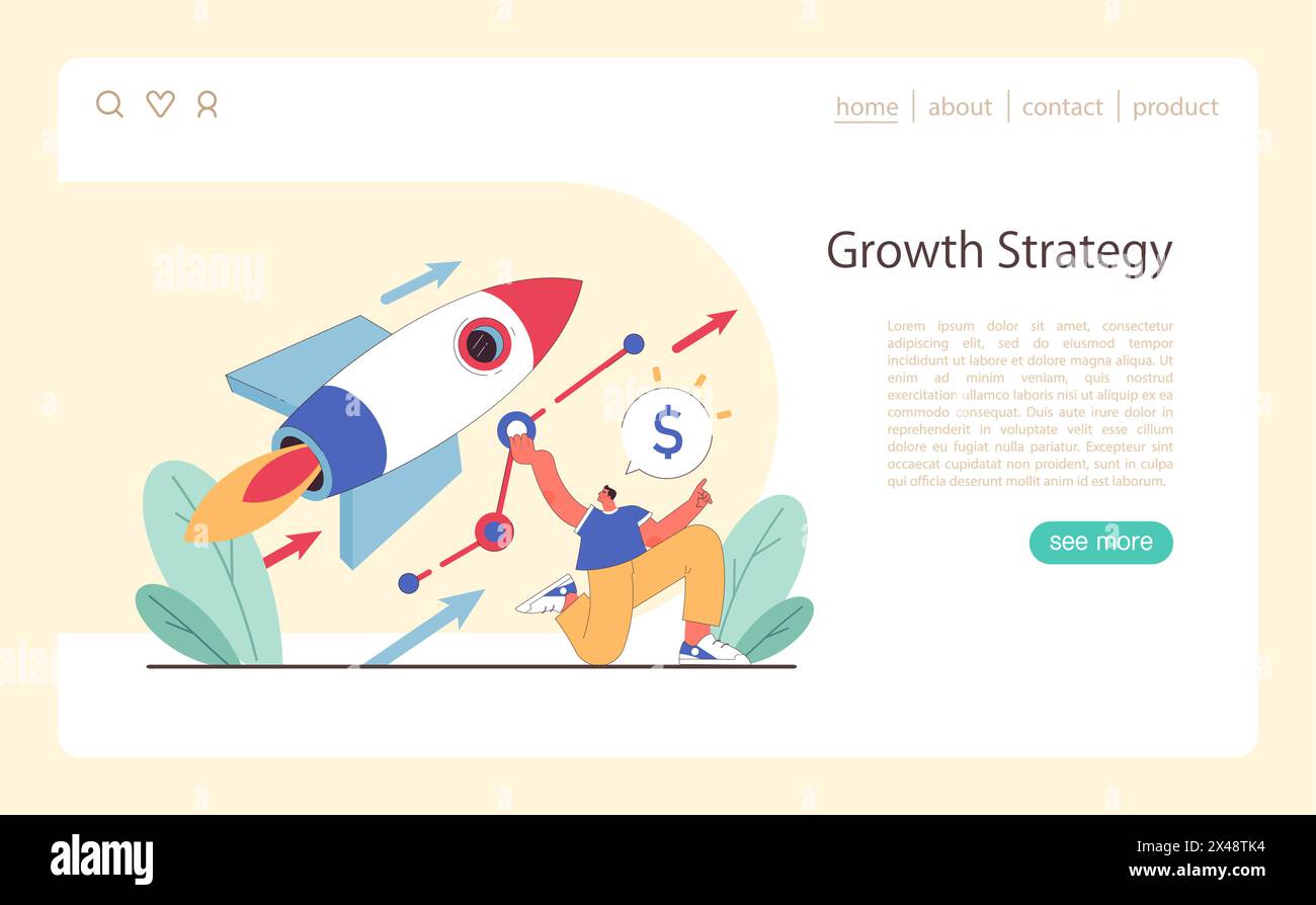 Growth Strategy concept. Enthusiastic man boosts business with rocket ...