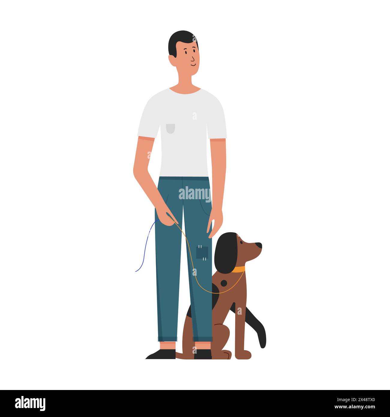Man holding leash on walk with dog, pet owner and puppy standing ...