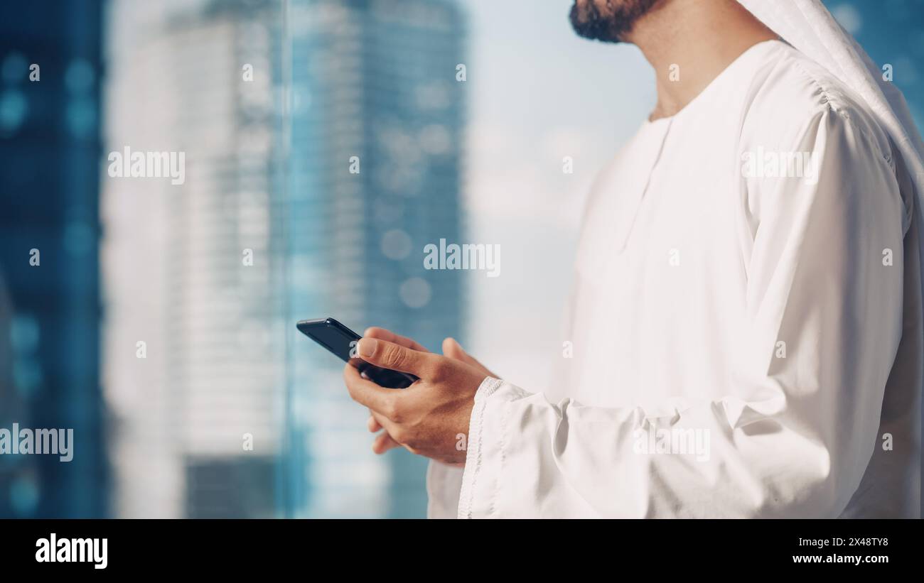 Authentic Muslim Businessman in Traditional White Kandura Standing in ...
