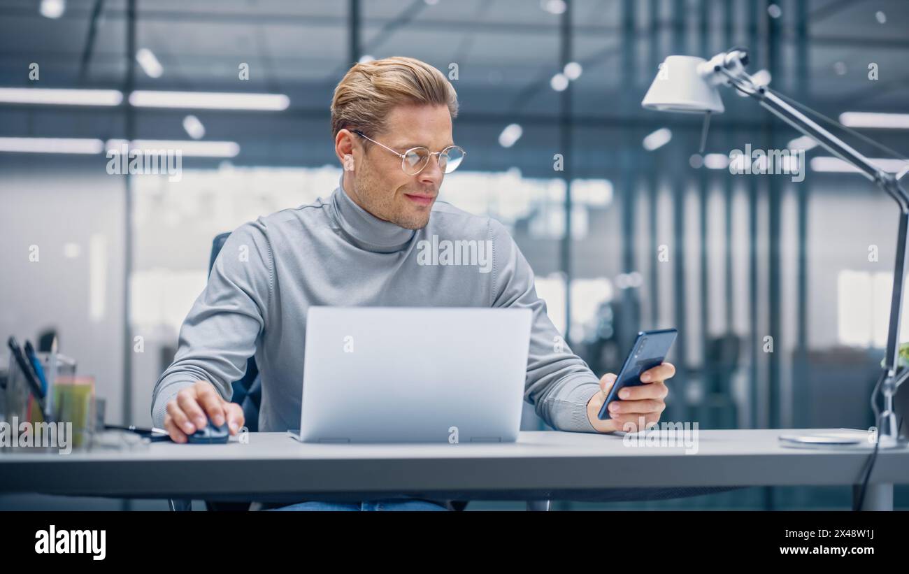 Modern Office: Portrait of Caucasian Businessman Wearing Glasses ...