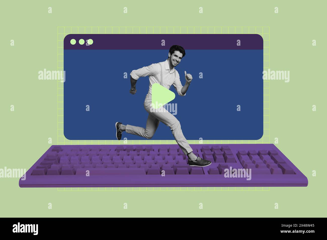 Composite photo collage of happy businessman run computer keyboard ...